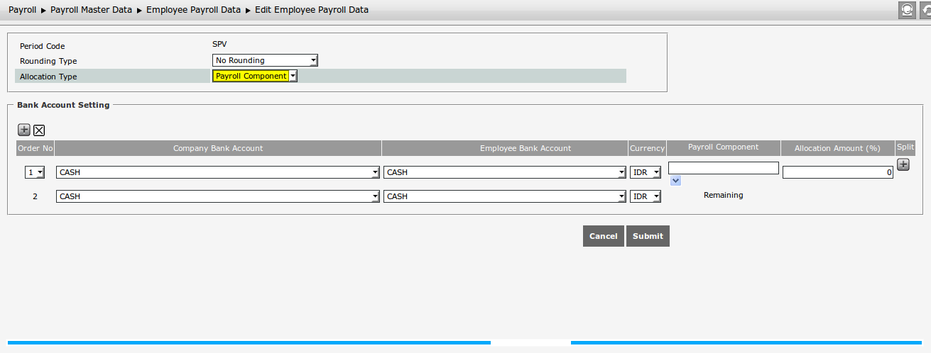 If user selects "Payroll Component" for the Allocation Type, the page ...